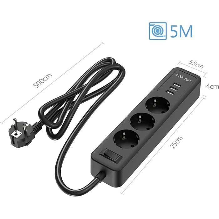 JSVER 3-Way USB Power Strip with 3 USB Ports Travel Charger Electric ...