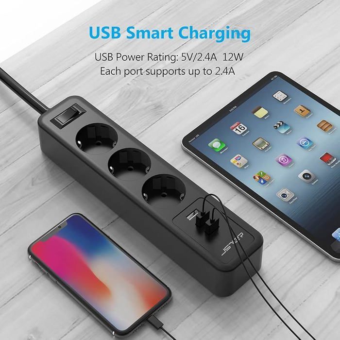 JSVER 3-Way USB Power Strip with 3 USB Ports Travel Charger Electric ...