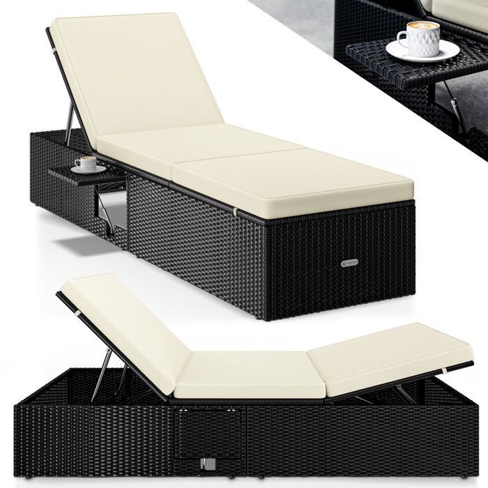 CASARIA Chaise longue noir crème extrémités réglables 7 positions bain de soleil polyrotin ...