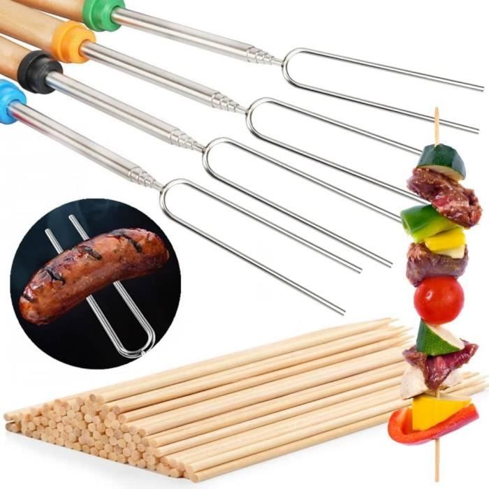 Fourchette BBQ INOX+100Pcs Brochette en Bambou Télescopique 31-81cm ...