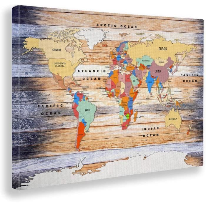 Cadre - Carte du Monde sur Planches de Bois - Imprimable sur Toile ...