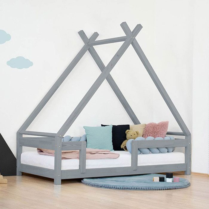 Lit Tipi enfant avec barrière bois massif gris 120 x 190 cm - Cdiscount ...