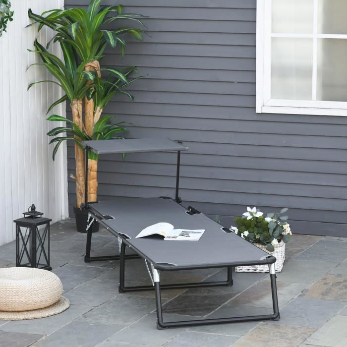 Transat pliable avec pare-soleil STEVEN gris - Cdiscount Jardin