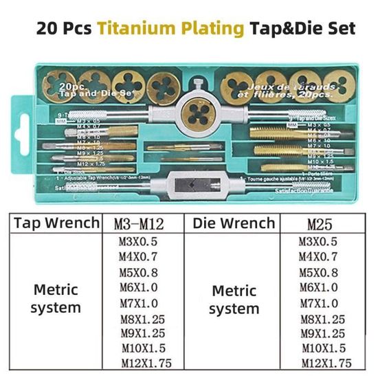 Tournevis,Jeu de 20 matrices de taraudage Kit de filetage mâle plaqué titane Porte-vis métrique ...