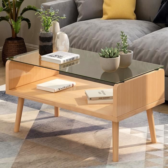 Merax Table basse en bois massif et verre, style contemporain, beige ...