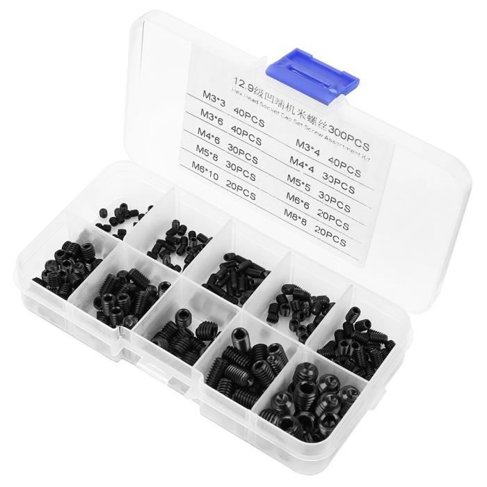 TMISHION Vis de réglage 300pcs M3/M4/M5/M6/M8 Hex Socket Grub Kit d'assortiment de vis avec ...