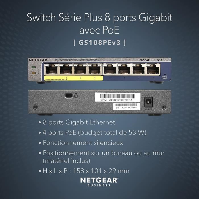 NETGEAR (GS108PE) Switch Ethernet PoE 8 Ports RJ45 Gigabit (10-100-1000 ...