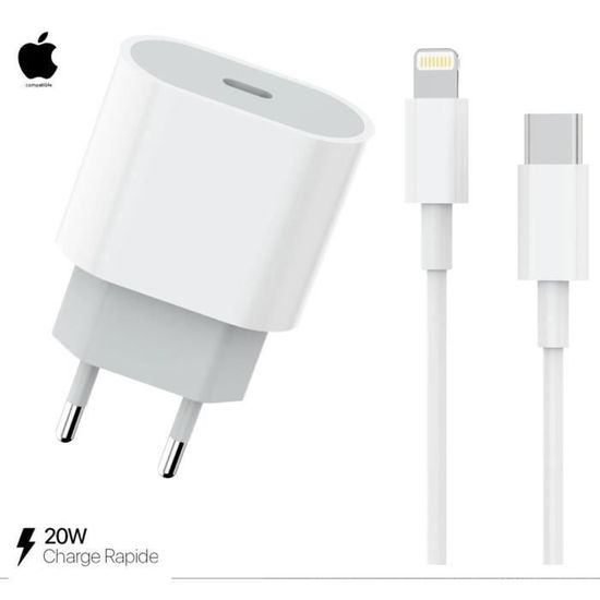 Chargeur 20 W pour Apple iPhone + câble USB-C vers Lightning 1 m ...