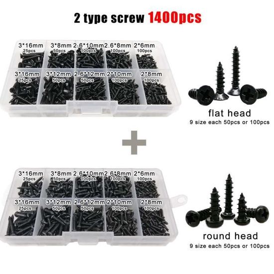 2 type screw 1400pcs -Kit de vis en bois autotaraudeuses, Mini croix Phillips à tête fraisée ...