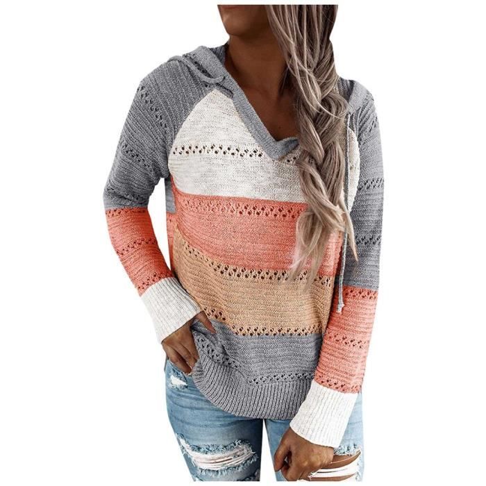 PULL,Pull à capuche à manches longues pour femme, col en V, pull ...