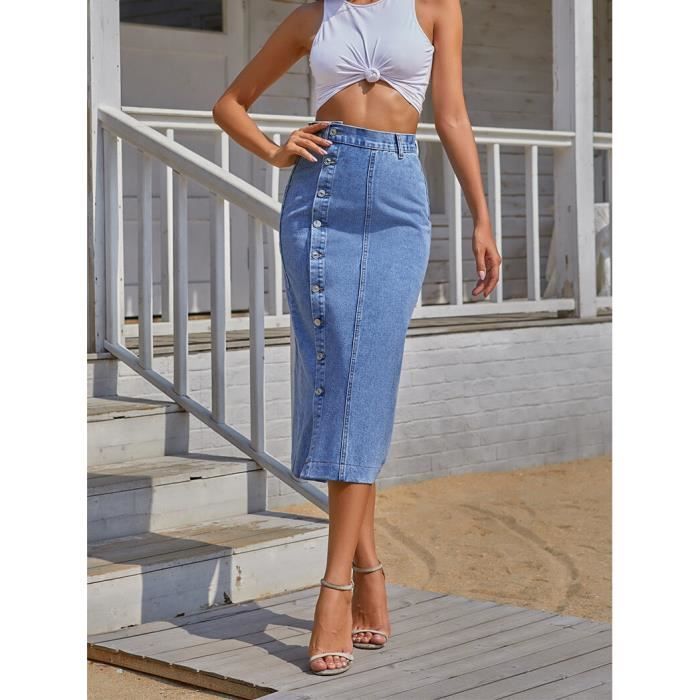 Jupe longue en jean pour femmes - FX30291 - Denim - taille haute - fendue Blanc - Cdiscount Prêt ...