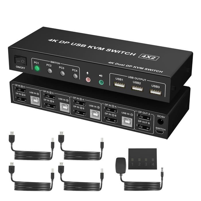 4 Ports Dual Monitor Kvm Displayport 4K 60Hz,Kvm 2 Moniteurs 4Pc Avec 3 Ports Usb 2.0 Et Sortie ...