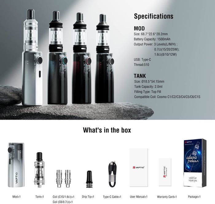 CosmoNebula Vape Kit avec batterie intégrée 1500 mAh et double bobines ...