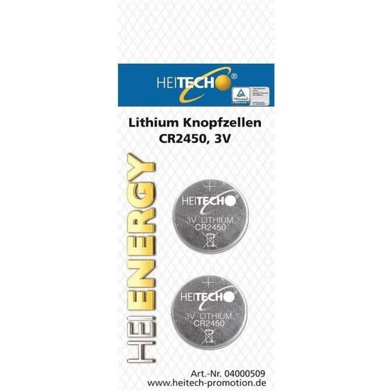 HEITECH Lot de 2 Piles Bouton CR2450 au Lithium - Piles Bouton 3V étanches, avec Une Longue ...