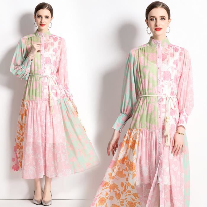 Robe,Robe maxi vintage à imprimé floral pour femmes,col montant ...