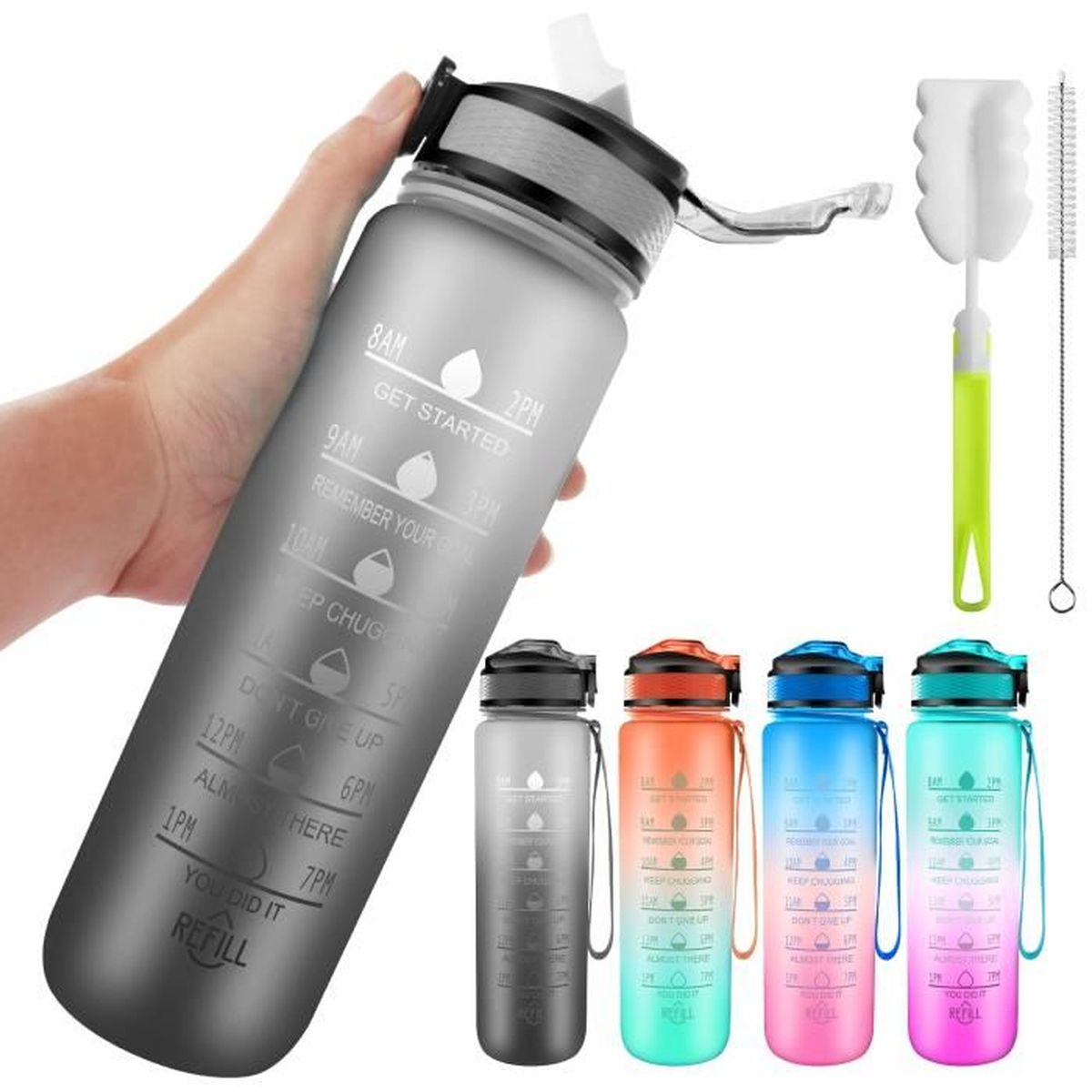 1L Gourde Sport, 1 Litre Bouteille Avec Paille, Gourde Motivation avec ...