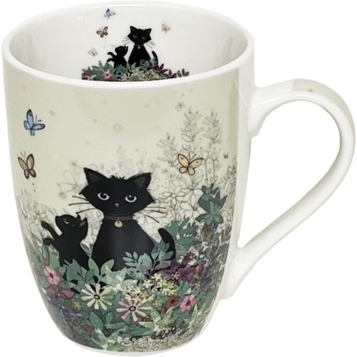 Mug Porcelaine Arrondi - Motif Chat Au Jardin Avec Son Chaton - Hauteur ...