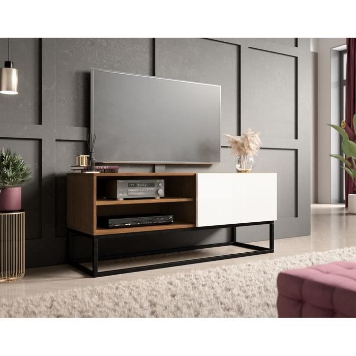 Roman - meuble tv - 2 niches - 120 cm - Bois / Blanc - Cdiscount Maison