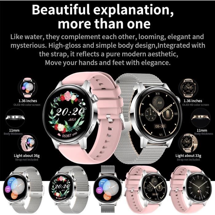 Montre Connectée Femme Avec Appel Bluetooth, 1,32'' Smartwatch Sport ...