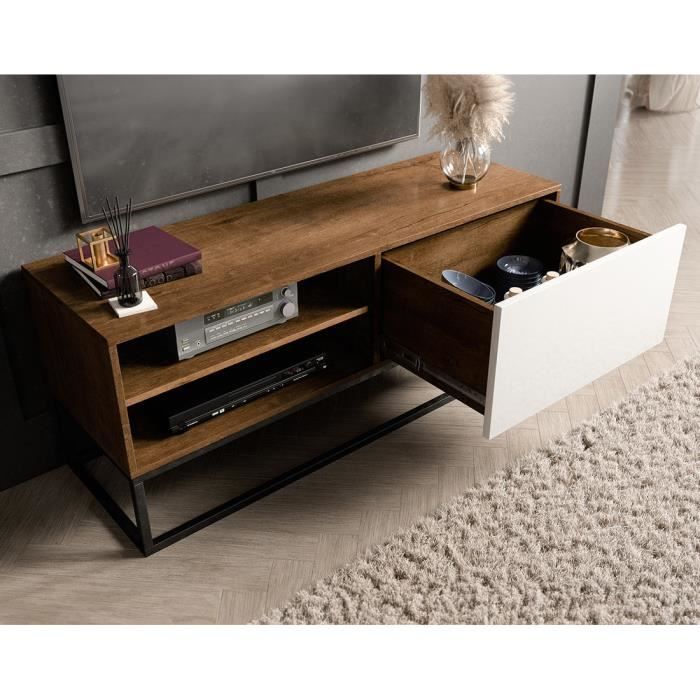 Roman - meuble tv - 2 niches - 120 cm - Bois / Blanc - Cdiscount Maison