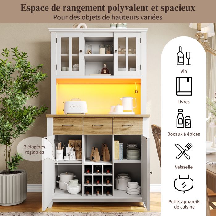 Buffet Hahut Salon LED,Vitrine,4 Portes 3 Tiroir Multi Niches,étagères ...