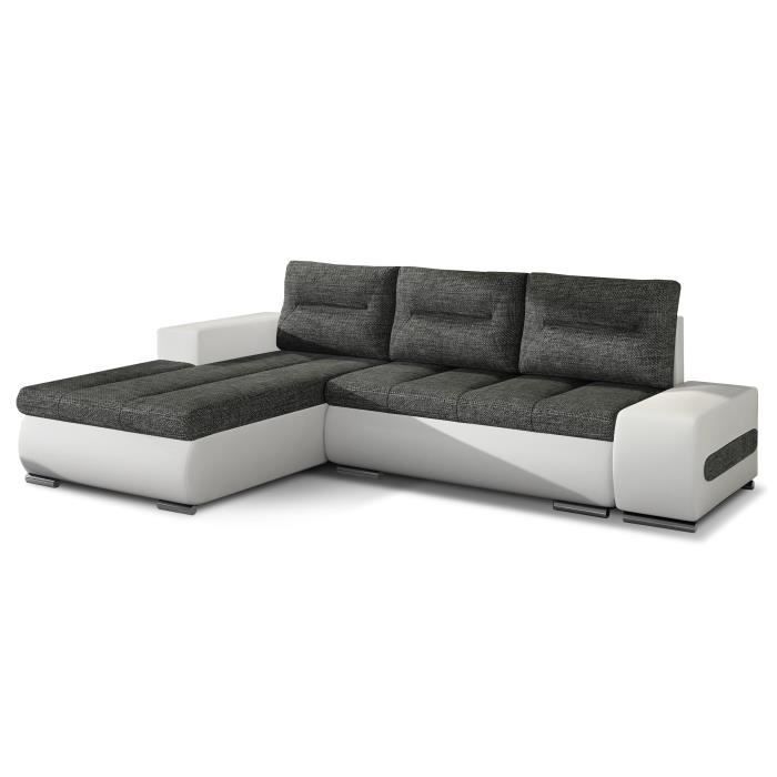 Canapé convertible angle gauche tissu gris foncé et simili blanc Waker 275 cm - Cdiscount Maison