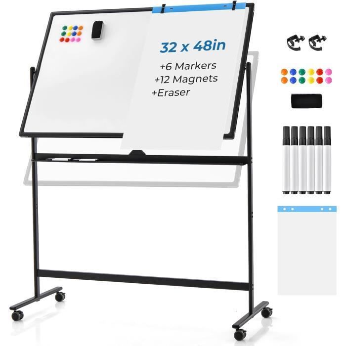 GOPLUS Tableau Blanc Magnétique 120x80CM Rotatif à 360° Hauteur ...