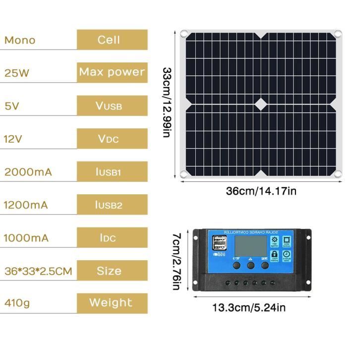 Convertisseur 12v/24V - 220V 1200W Onduleur avec Kit de Panneau Solaire, Chargeur de Batterie ...
