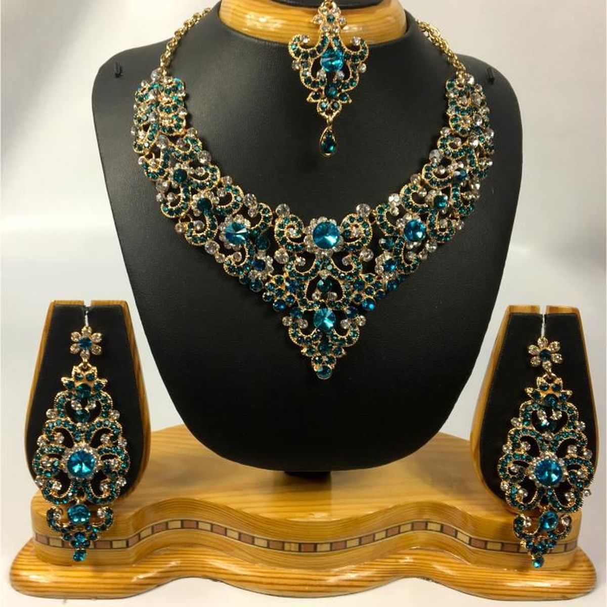 PARURE BIJOUX COLLIER DORE bleu turquoise MARIAGE FIANÇAILLES COLLIER ...