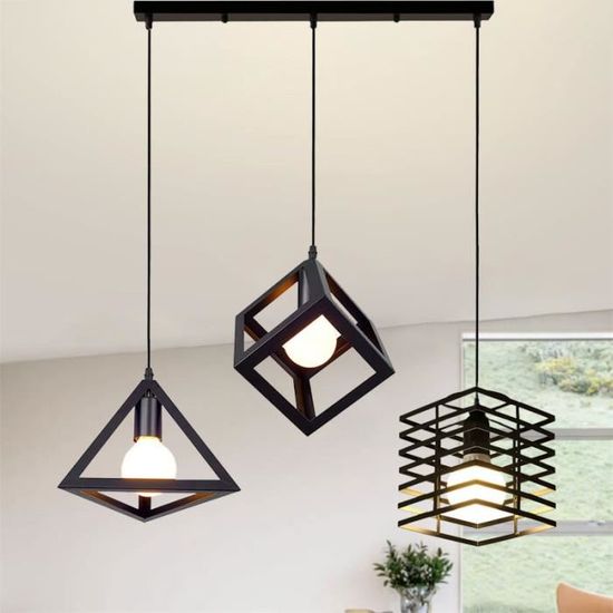 U-Do Lustre Plafonnier en Métal 3 Lampes Suspension Luminaire Rétro Lustre Longue Pôle Noir pour ...