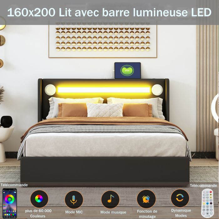 Lit LED 160x200 avec lecteur Bluetooth et chargeur USB Lit coffre en ...