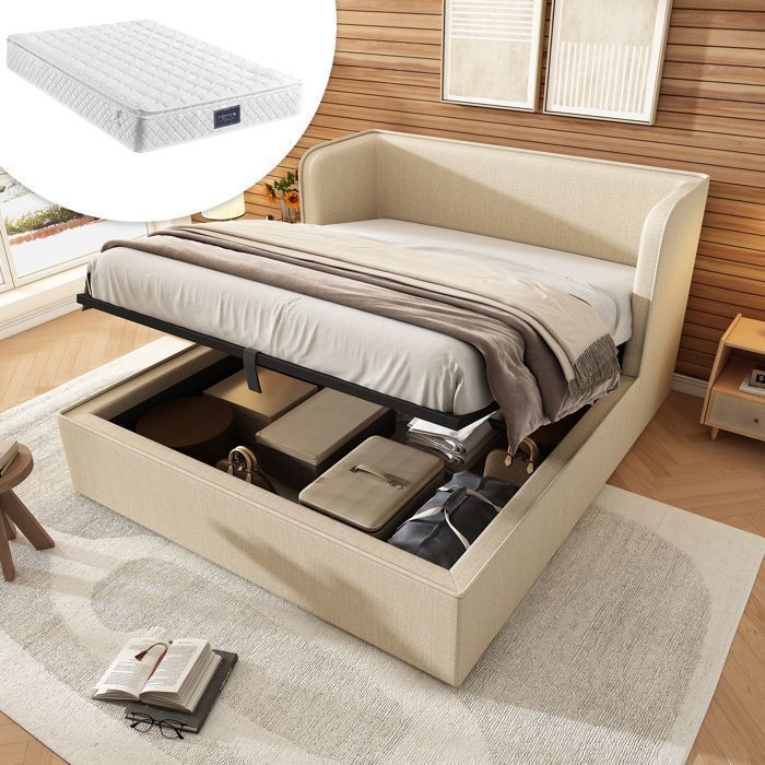 Ulife Lit double à rangement hydraulique beige 160×200cm, linge ...