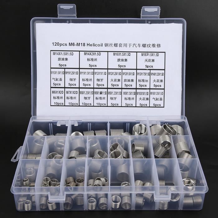 AYNEFY Insert de réparation de filetage 120pcs M6-M18 Kit d'insertion de réparation de filetage ...