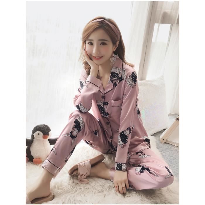 Pyjama femme long,Ensemble pyjama en Satin et soie pour femme ...