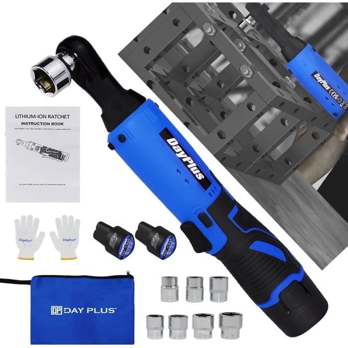 Clé à cliquet sans fil électrique 12V 3-8 inch, DAYPLUS, 40N.m, 2x 1500MAH Batteries ...