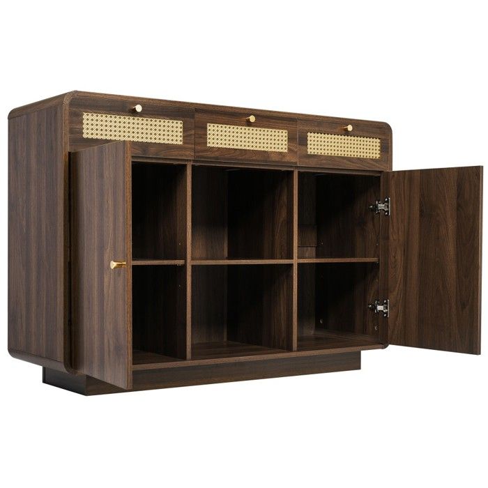 Commode Buffet 120cm Noyer-3 Tiroirs et 2 Portes-Étagère Ouverte ...