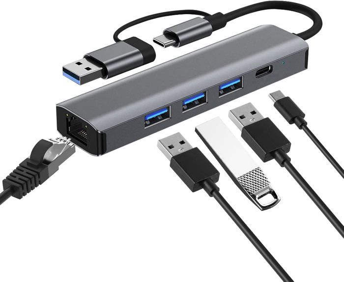Hub USB C,adaptateur double conversion 5 en 2 Type-C/USB 3.0,3 ports ...
