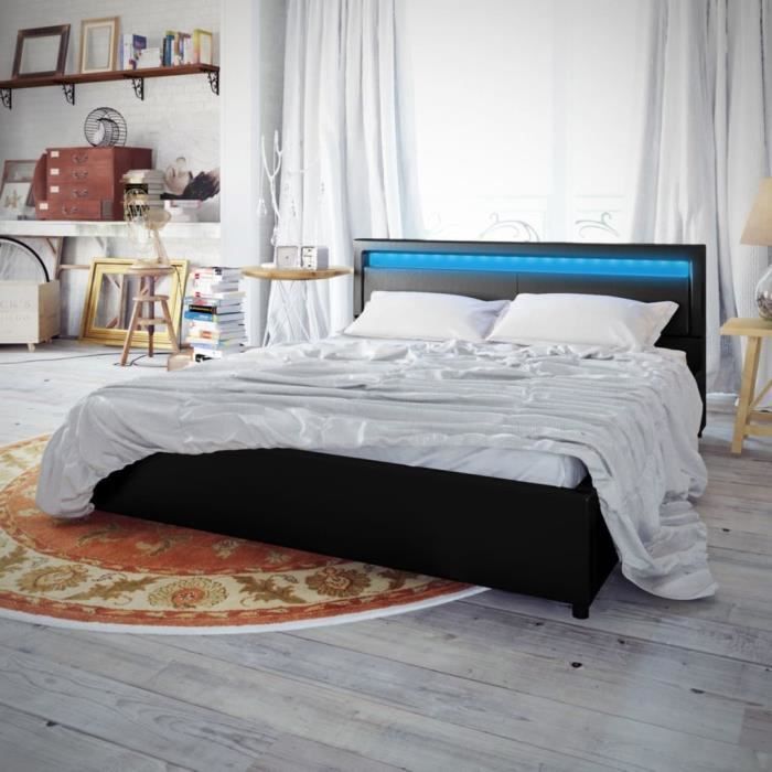 LIT COMPLET - MEUBLE ET SOMMIER ET MATELAS--Lit avec matelas LED Noir ...