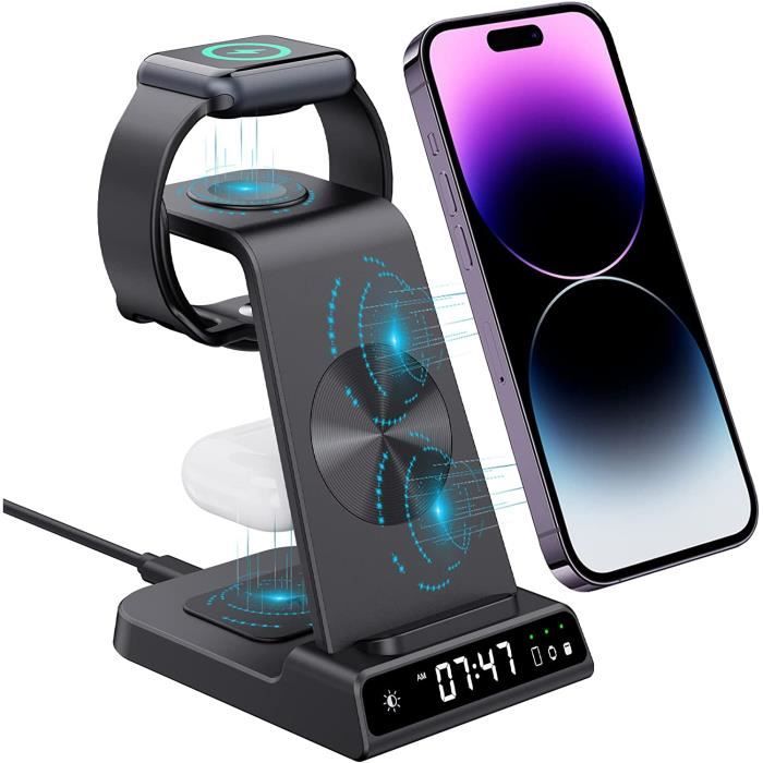 Chargeur Induction Iphone, Chargeur Sans Fil Iphone 3 En 1 Avec Horloge ...