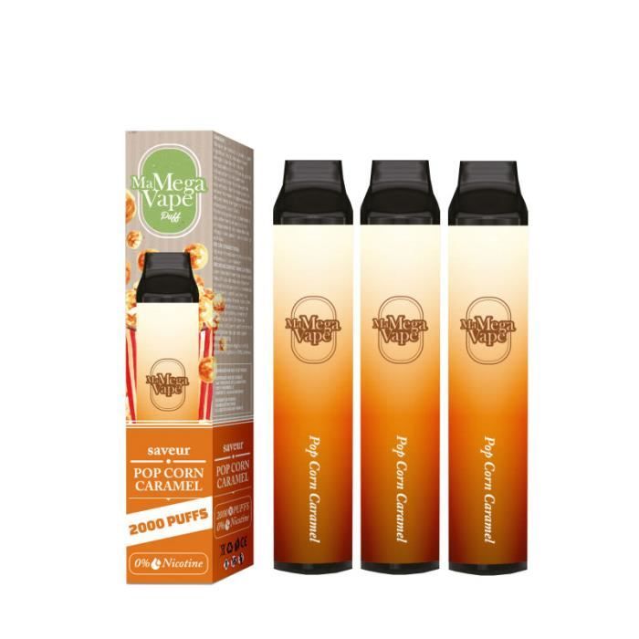 LOT DE 3 PUFFS MA MEGA VAPE 2000 PUFFS EN 0MG POP CORN CARAMEL ...