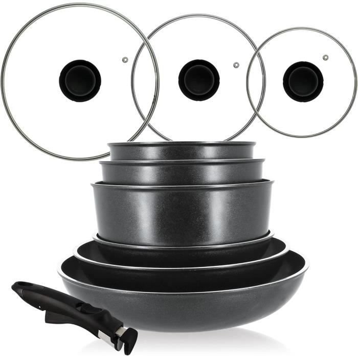 Set De 10 Pièces – 2 Poêles 24-28 Cm + 3 Casseroles 16-18-20 Cm + 3 Couvercles 20-24-28 Cm + 1 ...