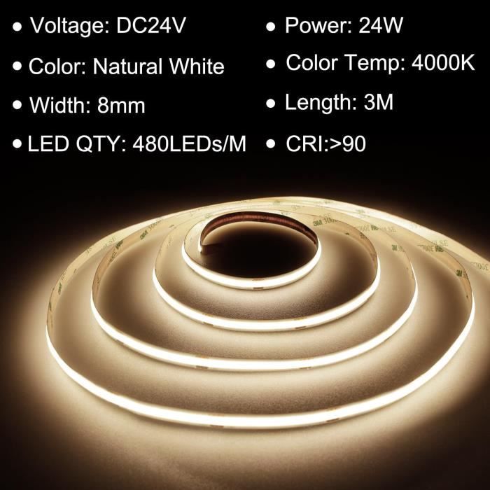 Ruban Led Cob 3M, Bandeau Led 4000K Avec Alimentation Et Télécommande ...