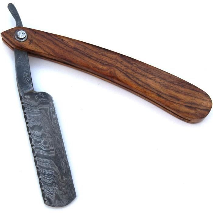 SIGN-9337 Rasoir à lame en acier damassé à la main avec gaine en cuir ...