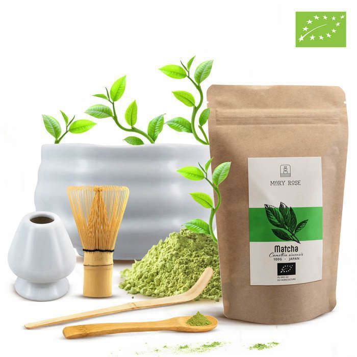 Thé Matcha Bio Kit Mary Rose Japonais 100g Bol Blanc 500 ml Fouet ...