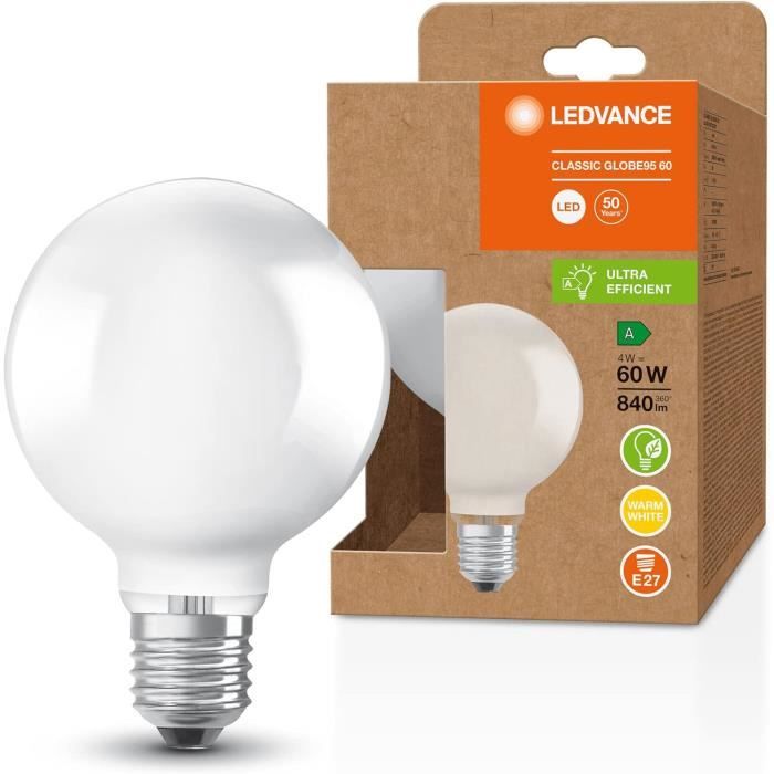 Lampe À Économie D'Énergie À Led, Globe Dépoli, E27, Blanc Chaud (3000K), 4 Watts, Remplace Une ...