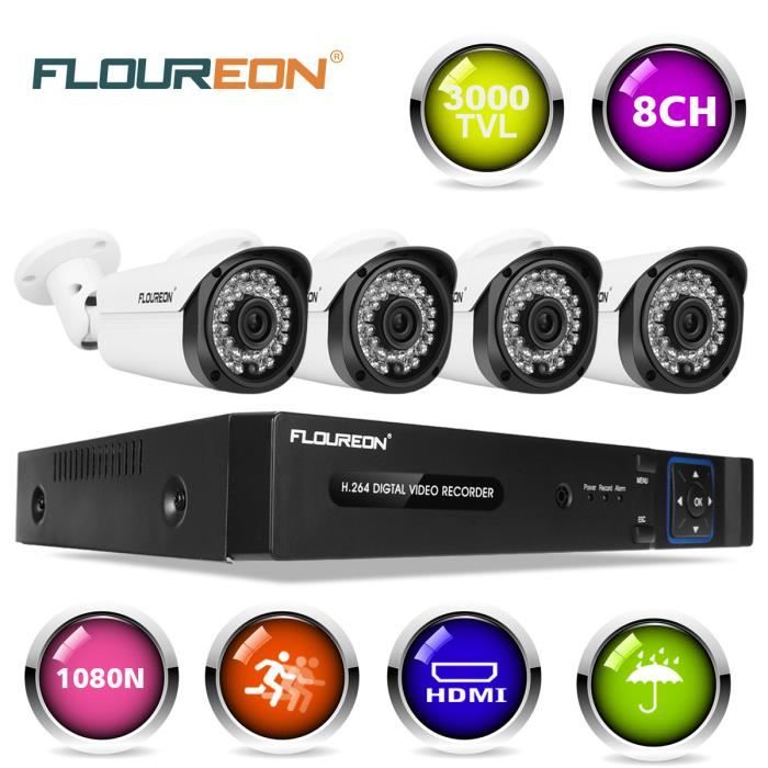 FLOUREON 8CH 1080N CCTV 5 DANS 1 TVI AHD DVR + 4 X 3000TVL 2.0MP Bullet ...