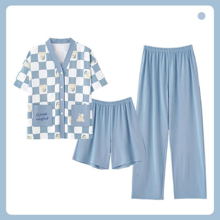 Pyjamas Femme 3 Pièces de Nuit à Carreau en Coton Lâche Confort Col V ...