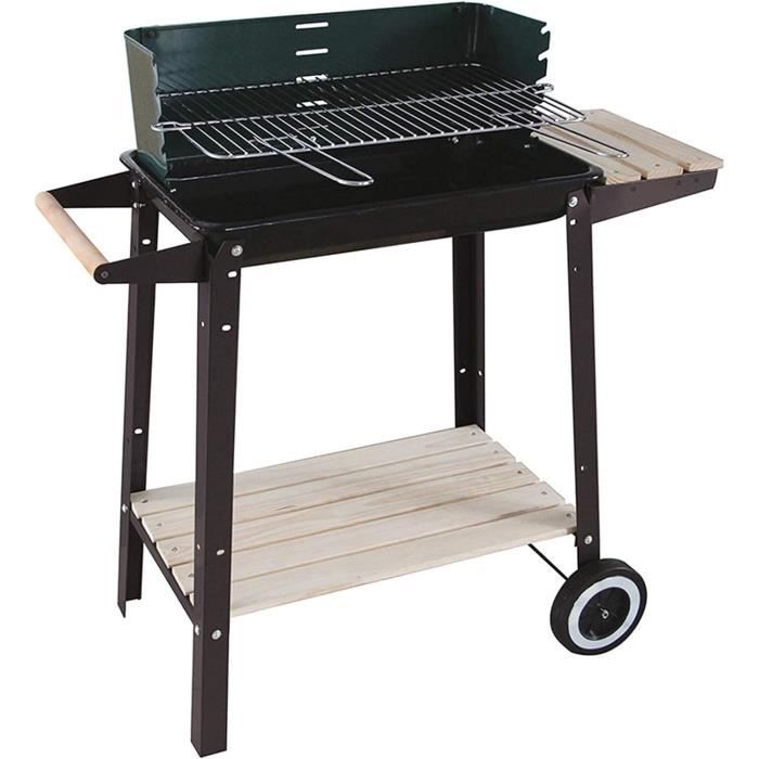 Barbecue À Charbon Portable Avec Étagères En Bois Pare-Vent 2 Roues ...