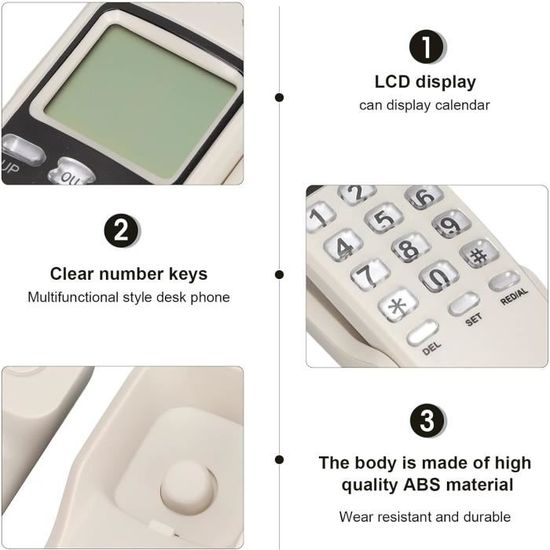 Téléphone fixe filaire, fixation murale ou de bureau, téléphone domestique avec rappel du ...