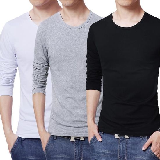 Lot de 3 Tee Shirt Homme - GYROOR - Col Arrondi Manche Longues - Blanc ...